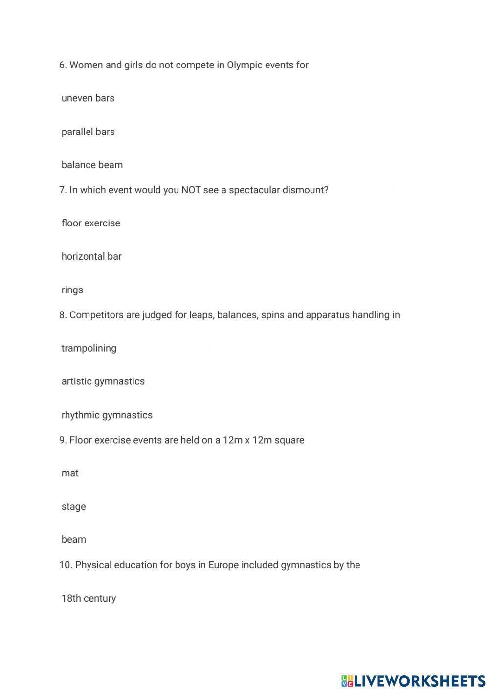 Gymnastics worksheet | Live Worksheets