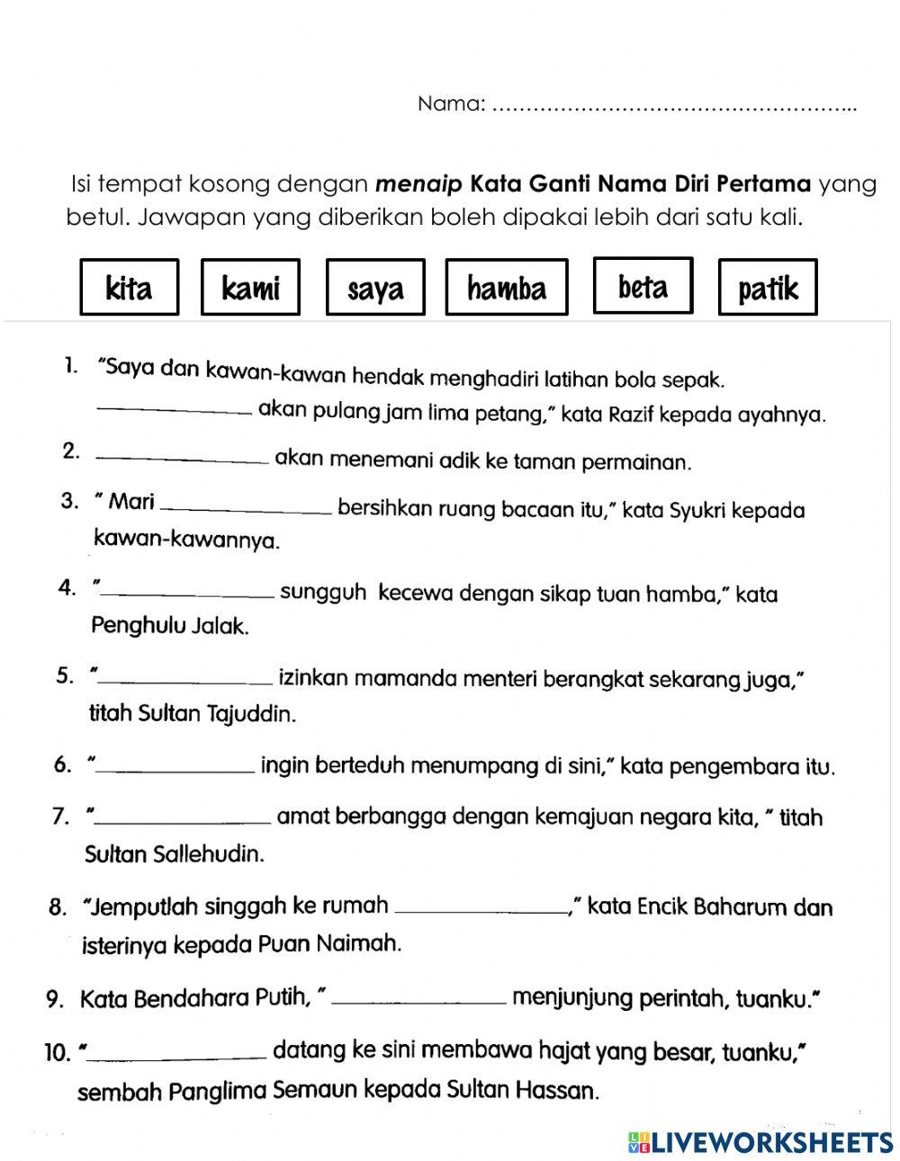 Latihan Kata Ganti Nama Worksheet Live Worksheets