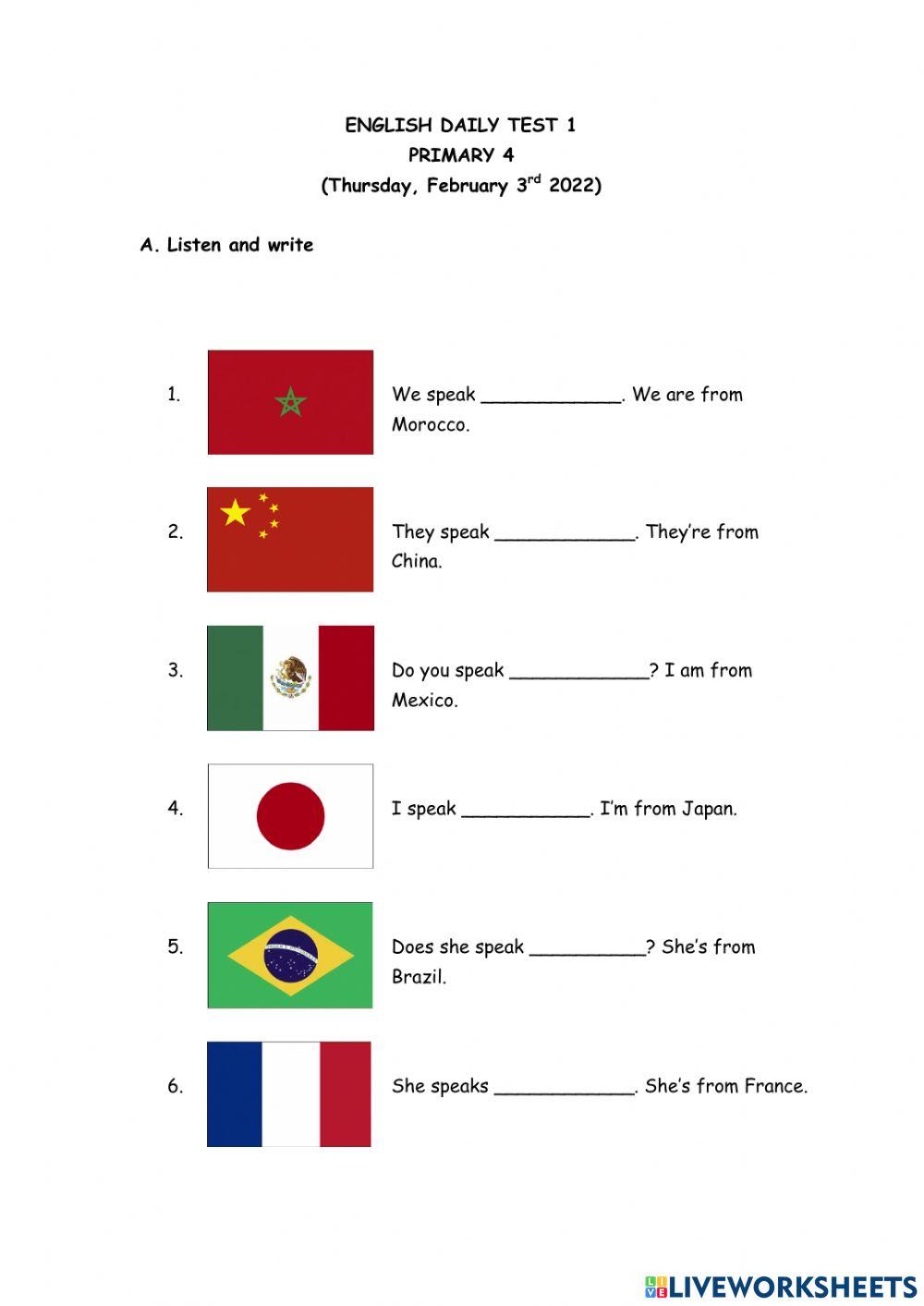 English Daily Test 1, P4 online exercise for | Live Worksheets