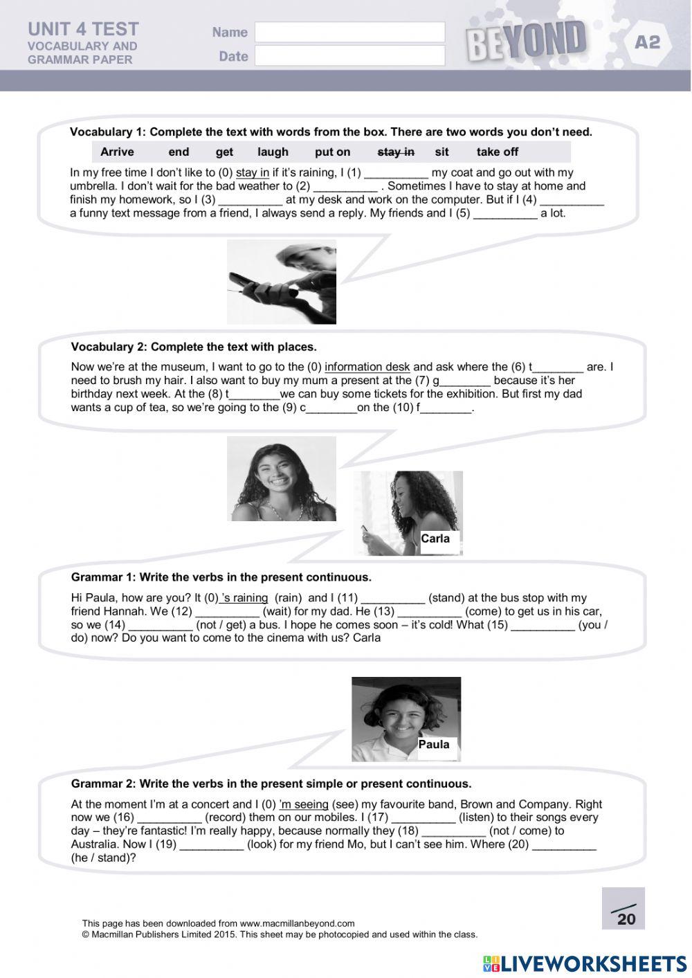 A2 Unit 4 Vocab and gra online exercise for | Live Worksheets