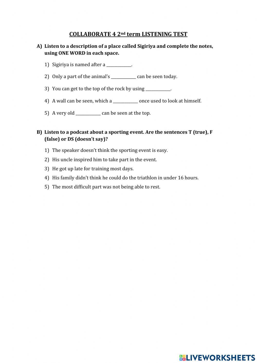 Coll4 2T aural test worksheet | Live Worksheets