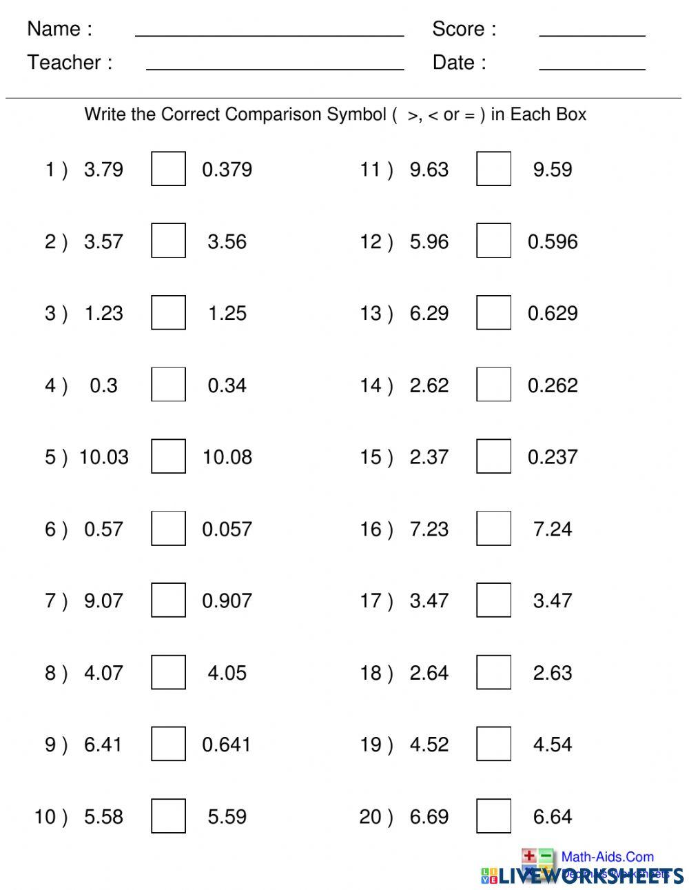 Comparing Decimals online exercise for | Live Worksheets
