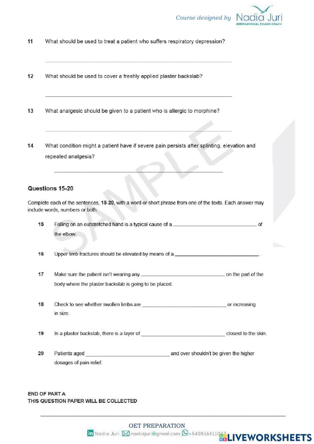 OET READING SUBTEST -SAMPLE TEST 1 PART A online exercise for | Live ...