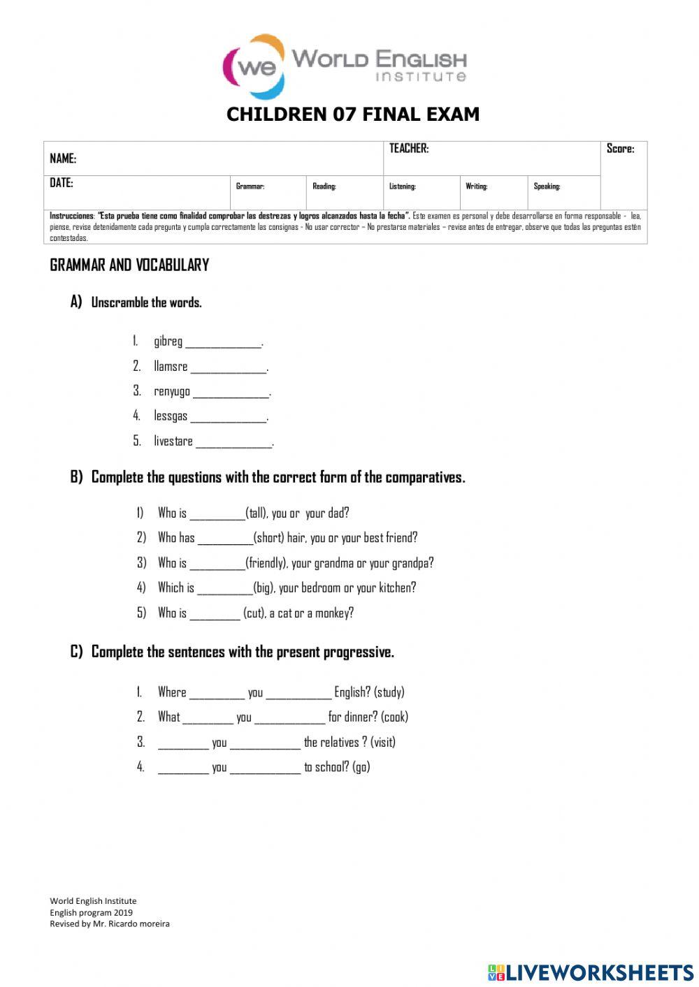 Final exam ch07 worksheet | Live Worksheets