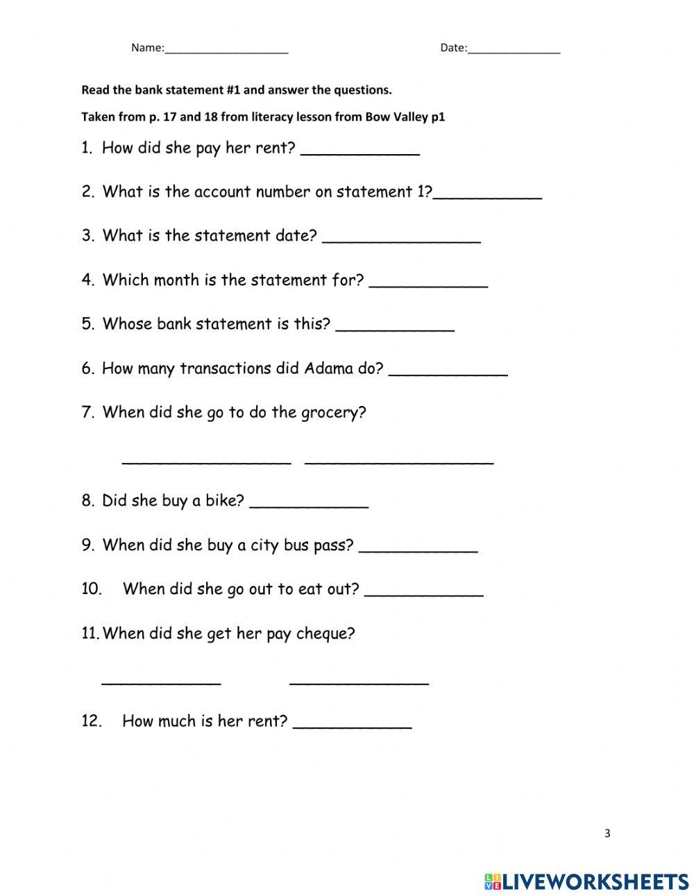 Reading a Bank … | Free Interactive Worksheets | 1843971