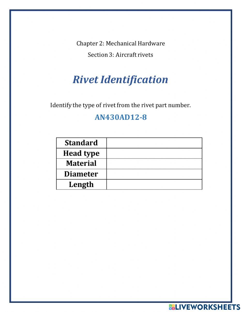 Rivet Part number online exercise for | Live Worksheets