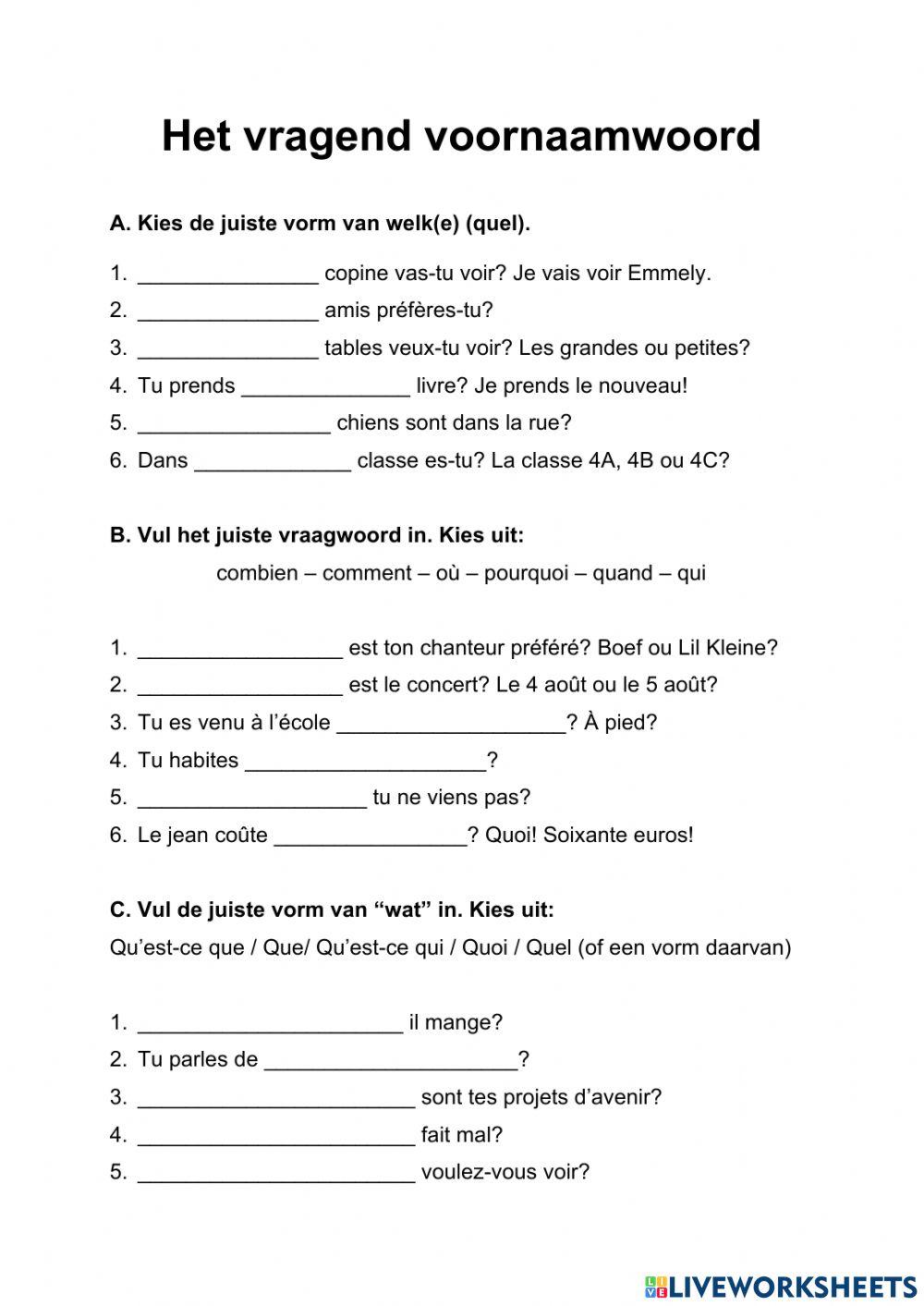 Vragend voornaamwoord worksheet | Live Worksheets