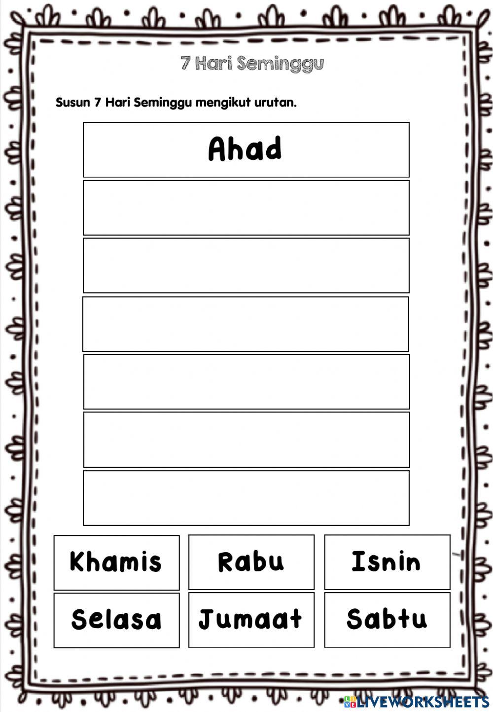 7 Hari Seminggu online activity | Live Worksheets