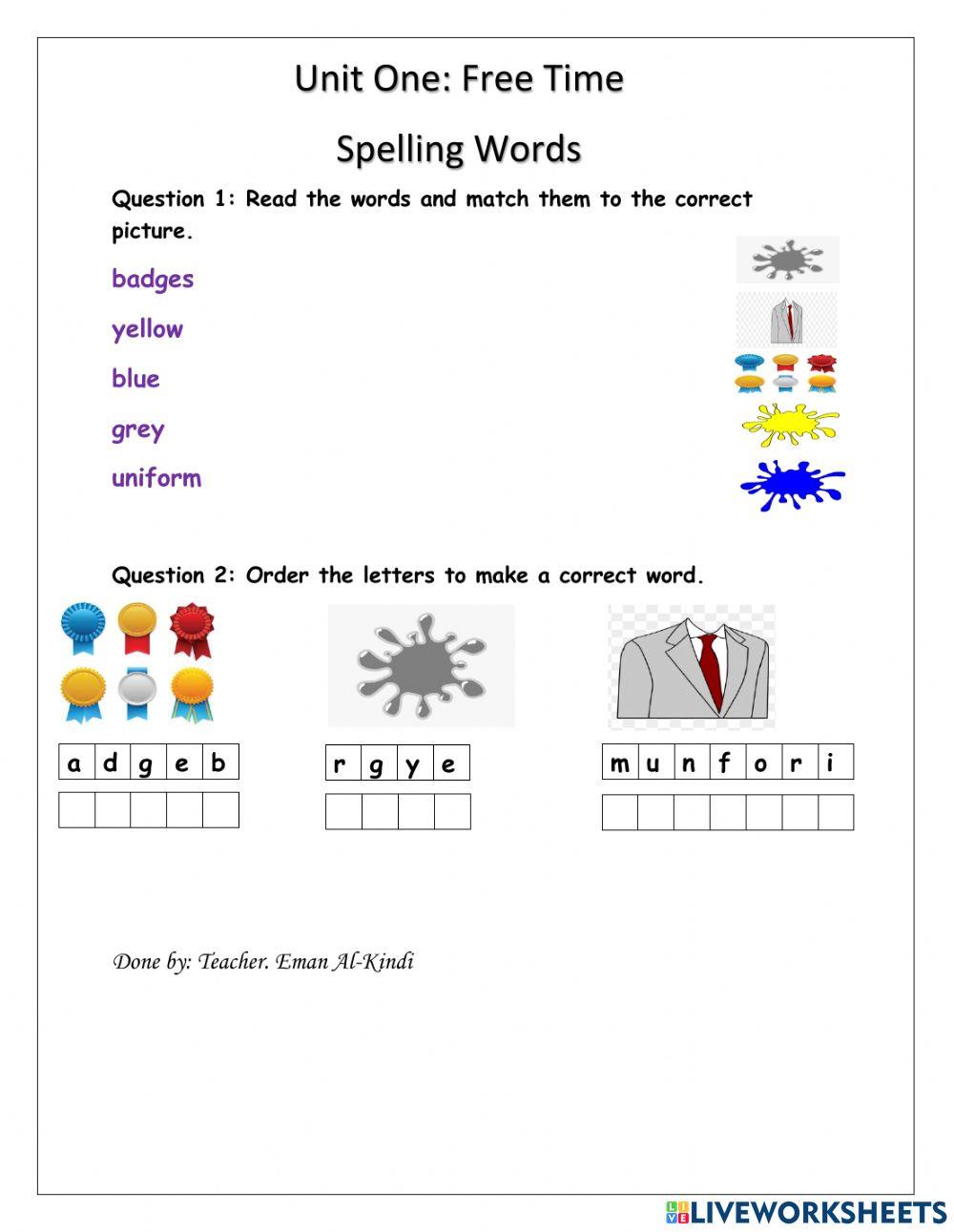 Spelling words for grade 3B Unit 1 worksheet | Live Worksheets