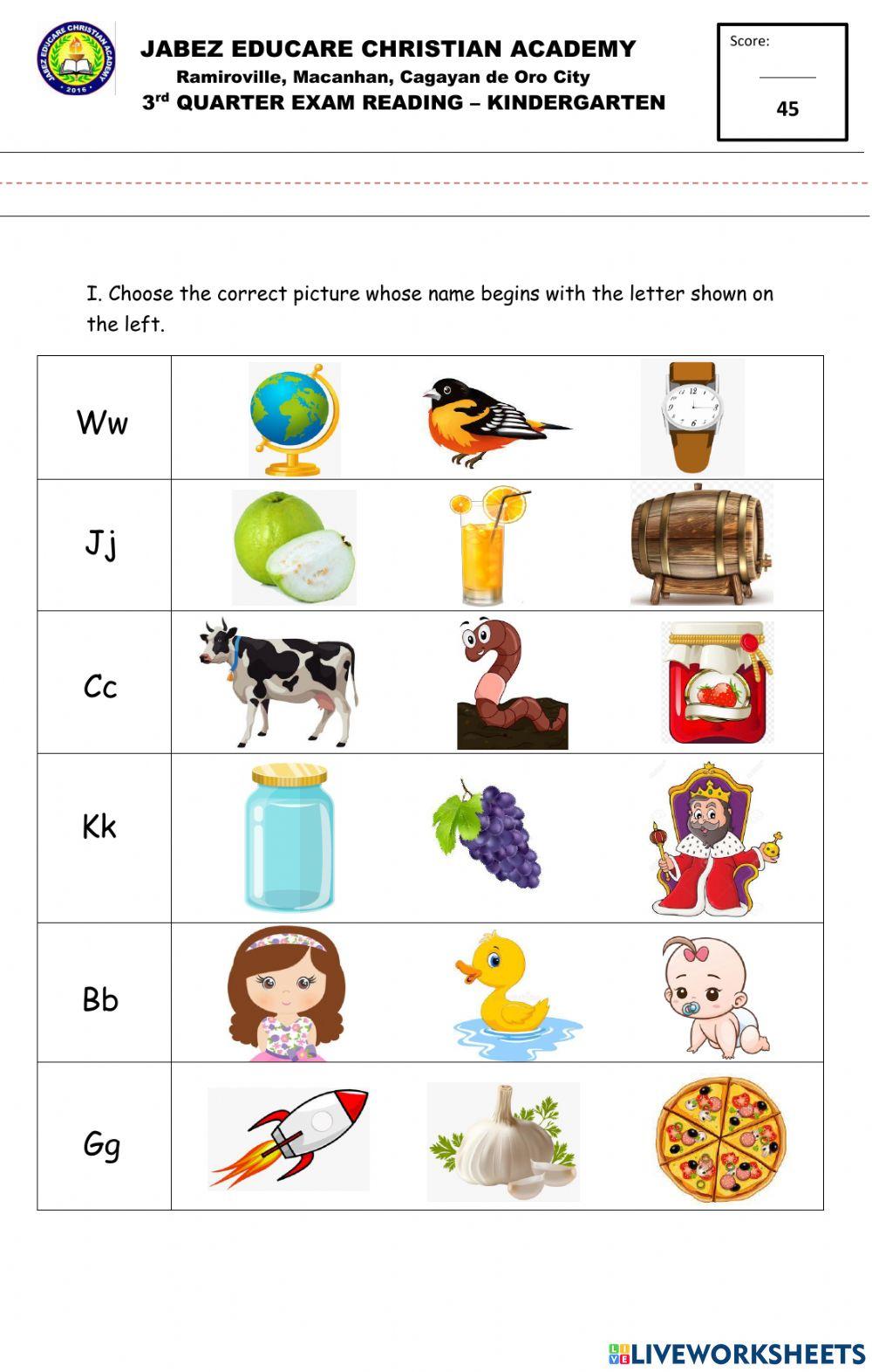 (K1 ) 3rd Quarter Reading online exercise for | Live Worksheets