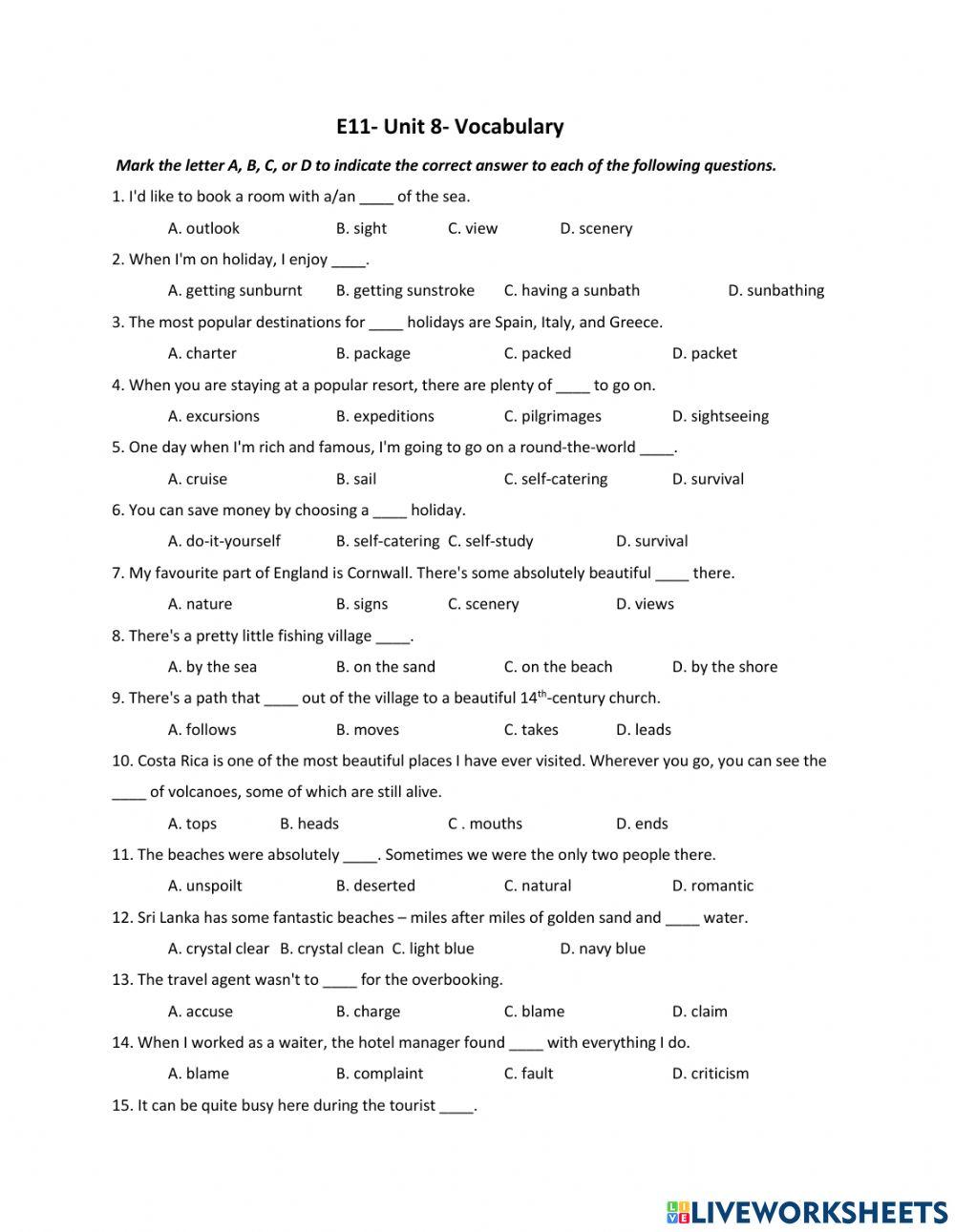E11- Unit 8- Vocab (15 sens) worksheet | Live Worksheets