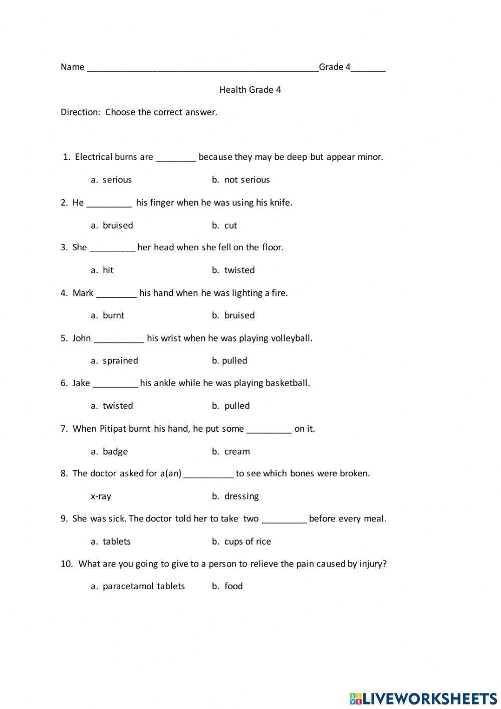 Health Grade 4 P.A. test online exercise for | Live Worksheets
