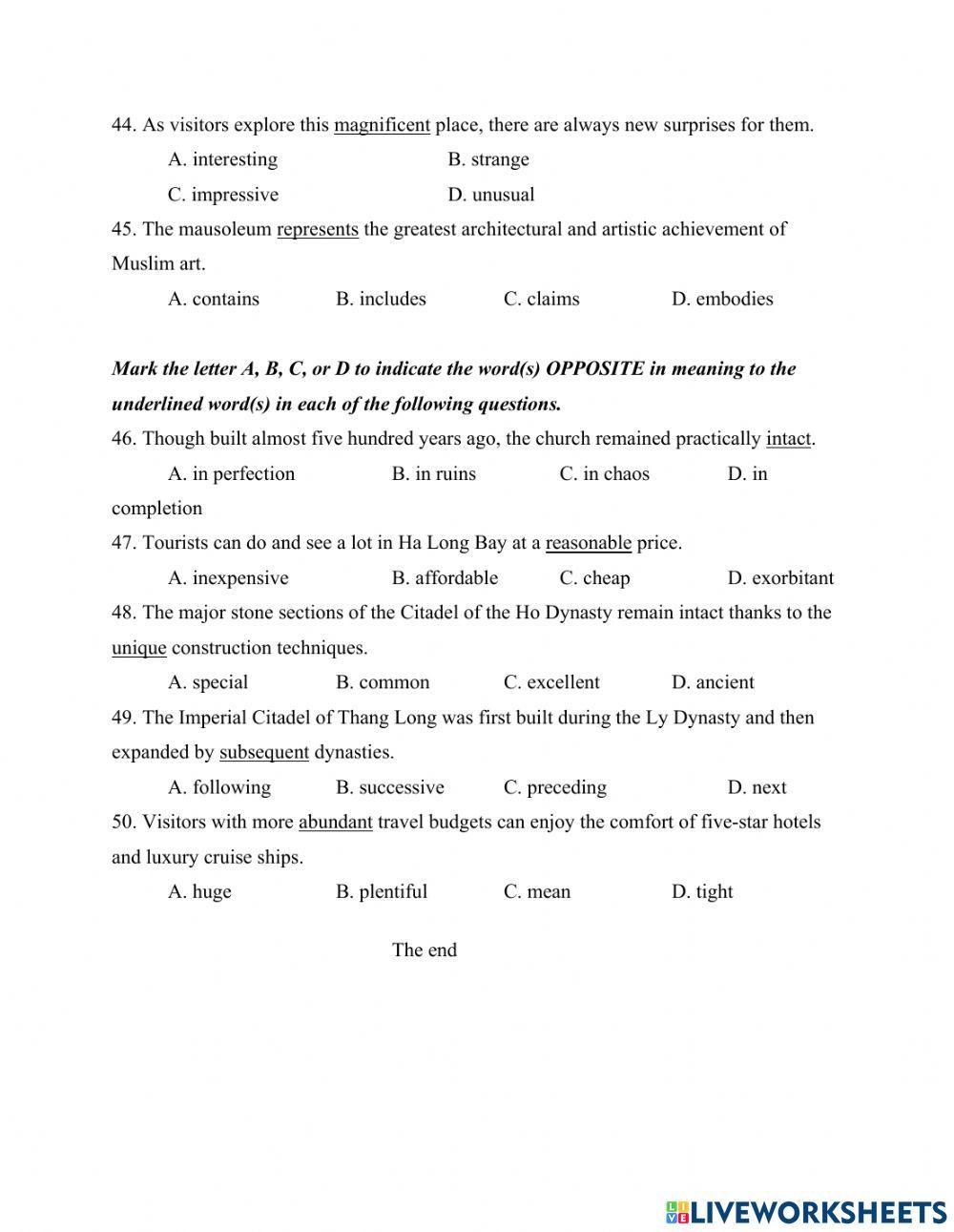 E11-Unit 8- Closest and opposite worksheet | Live Worksheets
