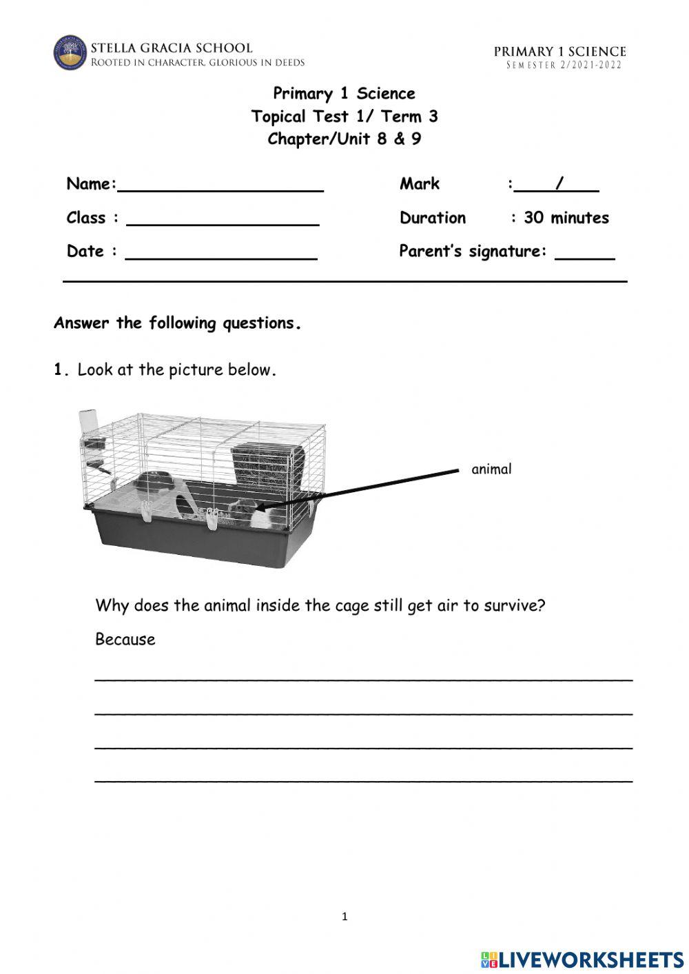 Science Primary 1 Topical Test 1 Term 3 online exercise for | Live ...
