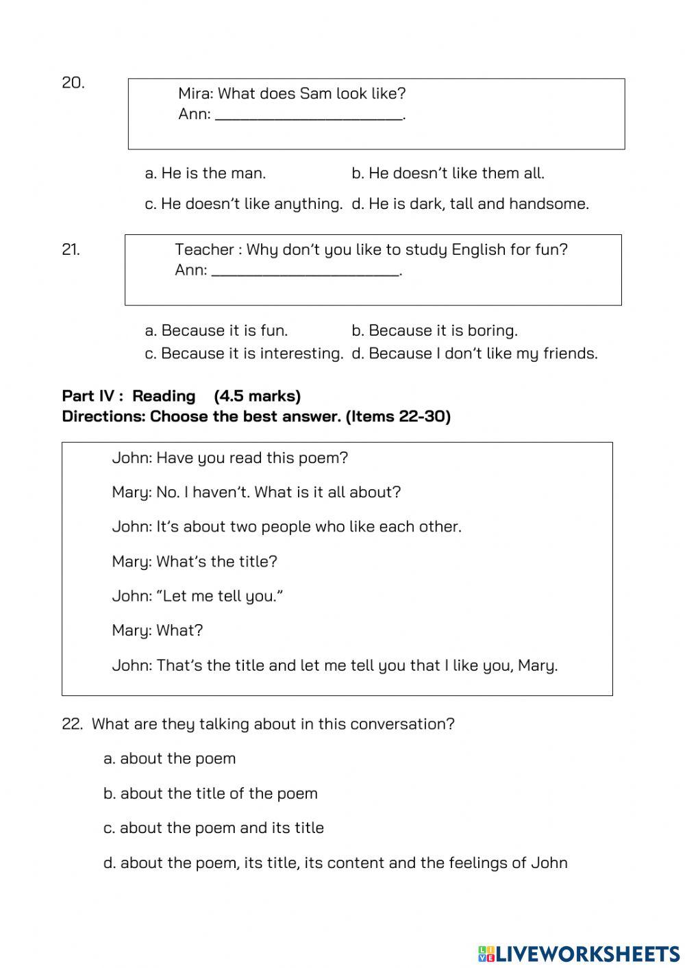 Part I English For Fun Final Examination worksheet | Live Worksheets