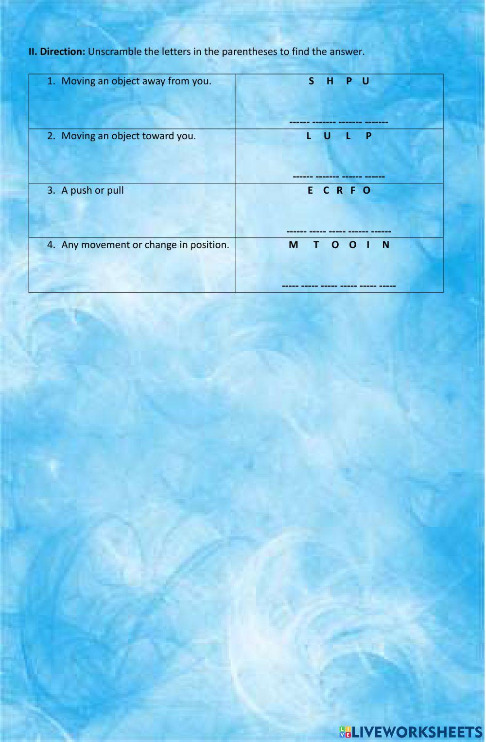 Tell how force … | Free Interactive Worksheets | 1886877