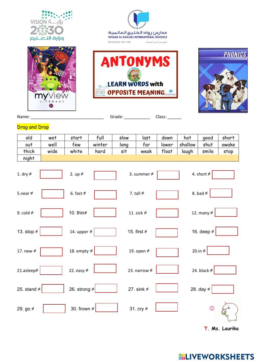 antonym Grade 2 2nd Term Raad online exercise for | Live Worksheets