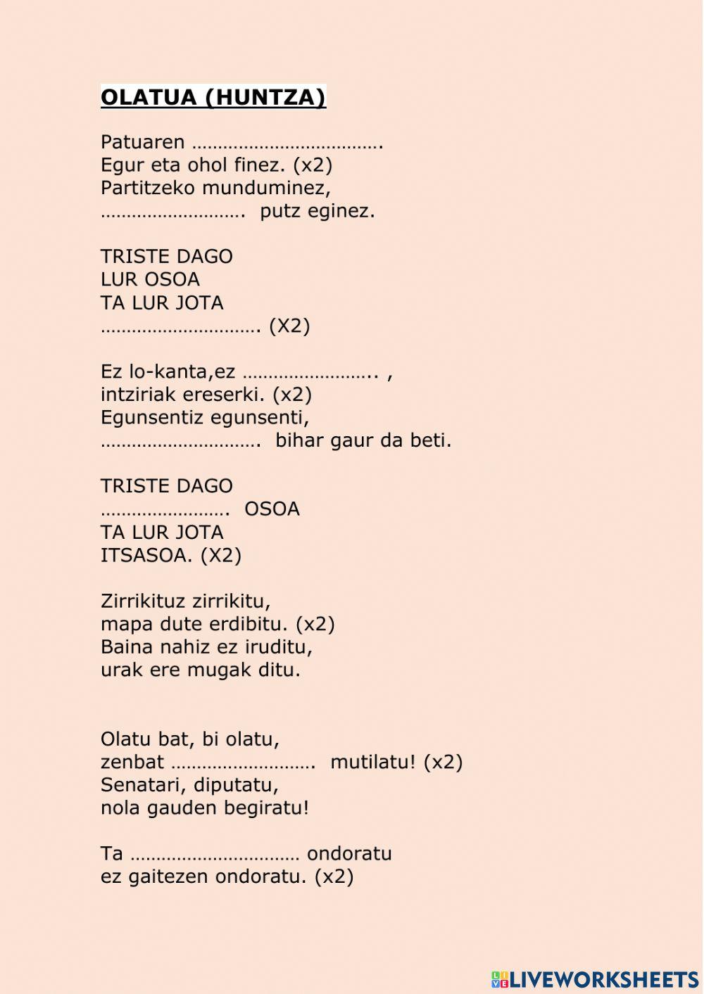 Olatua (huntza) worksheet | Live Worksheets