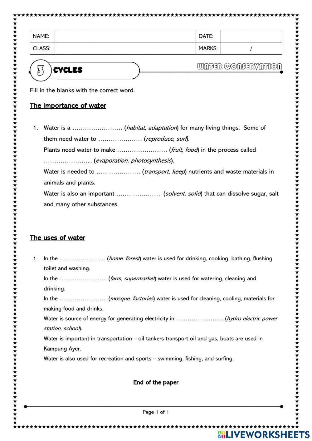 CYCLES - Water Conservation 01 Week 8 online exercise for | Live Worksheets