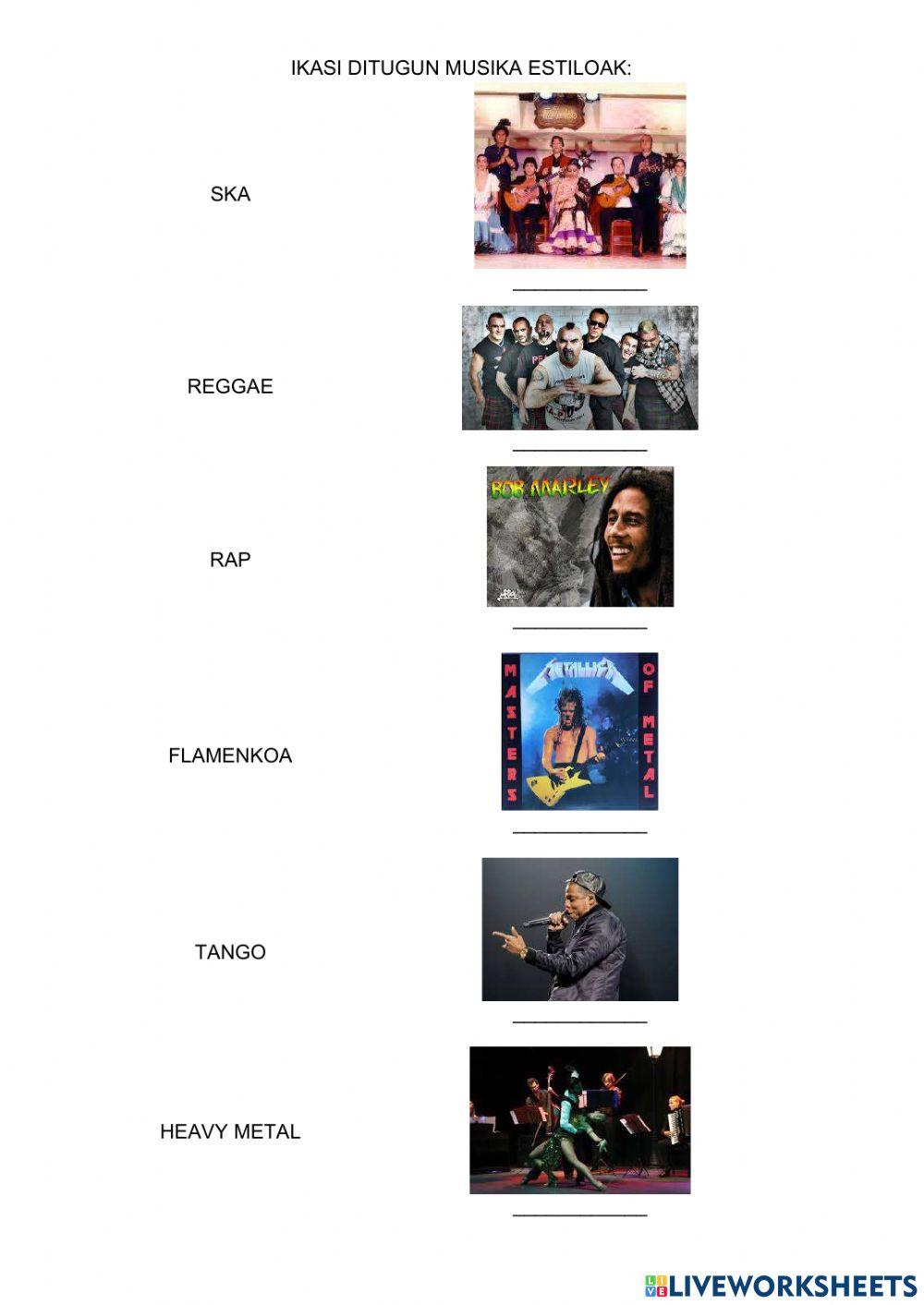 Musika estiloak worksheet | Live Worksheets
