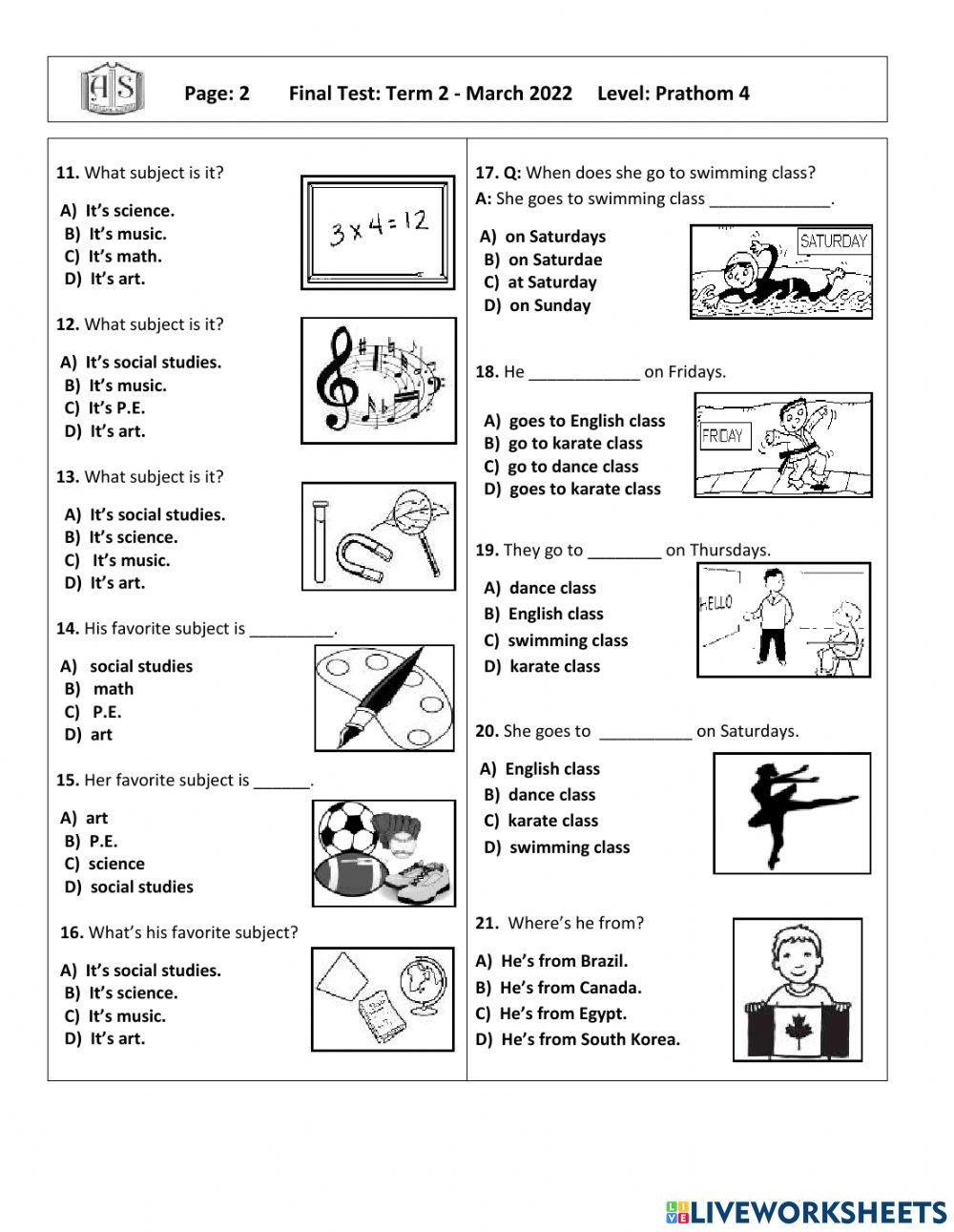 P.4 Final Test T2 LIVE worksheet | Live Worksheets