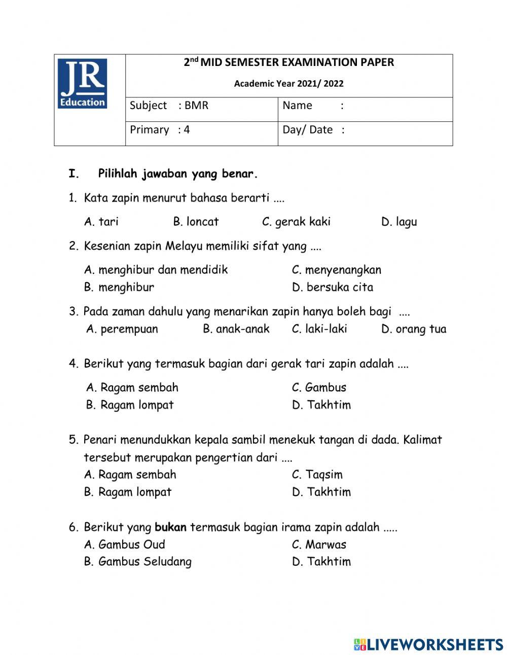 BMR P4 - sem 2 - MID worksheet | Live Worksheets