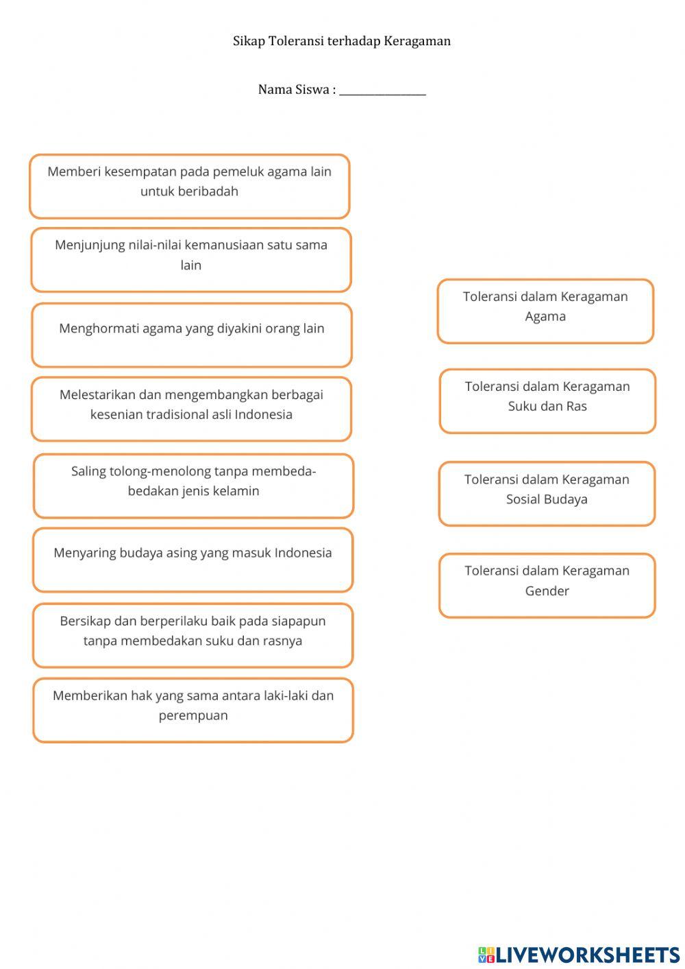 Sikap Toleransi online exercise | Live Worksheets
