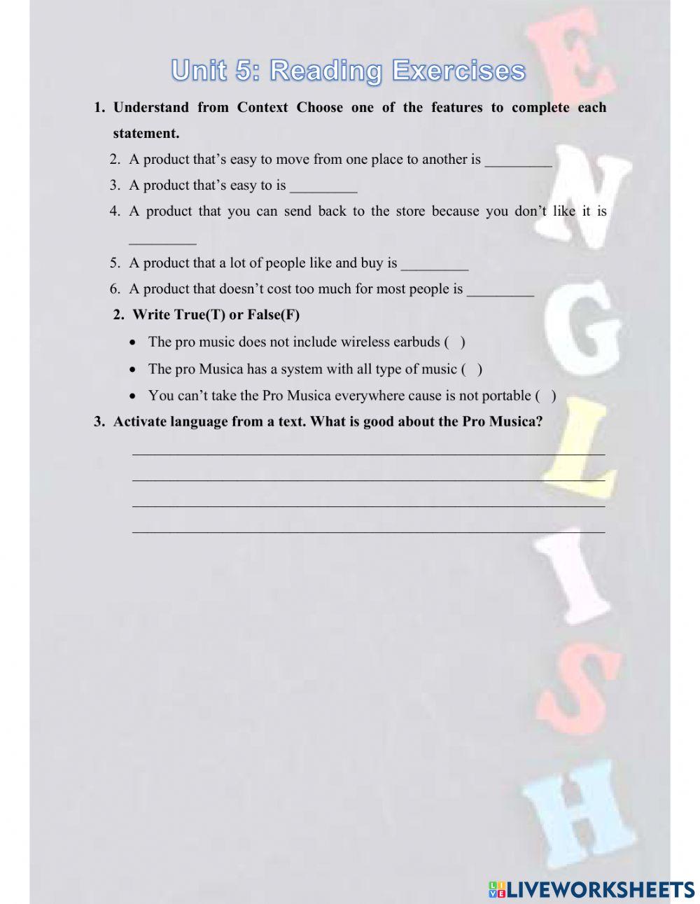 U5 Reading Exercise (L1) worksheet | Live Worksheets