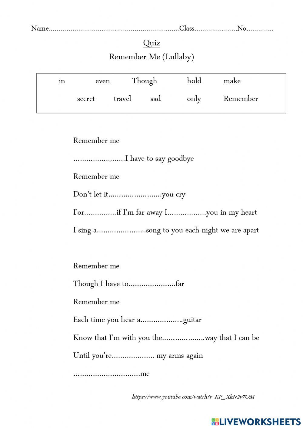 Listening Test-Remember me (Lullaby) worksheet | Live Worksheets