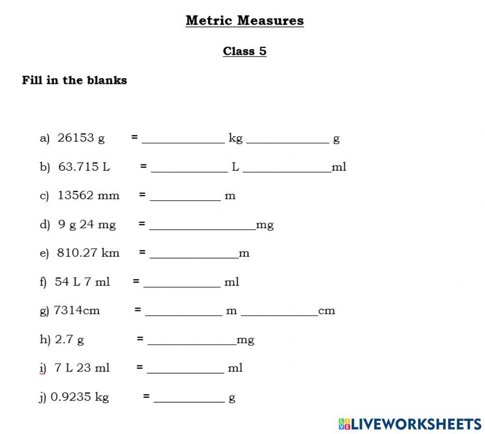 Metric Measure- CL 5 | GangaRajesh | Live Worksheets
