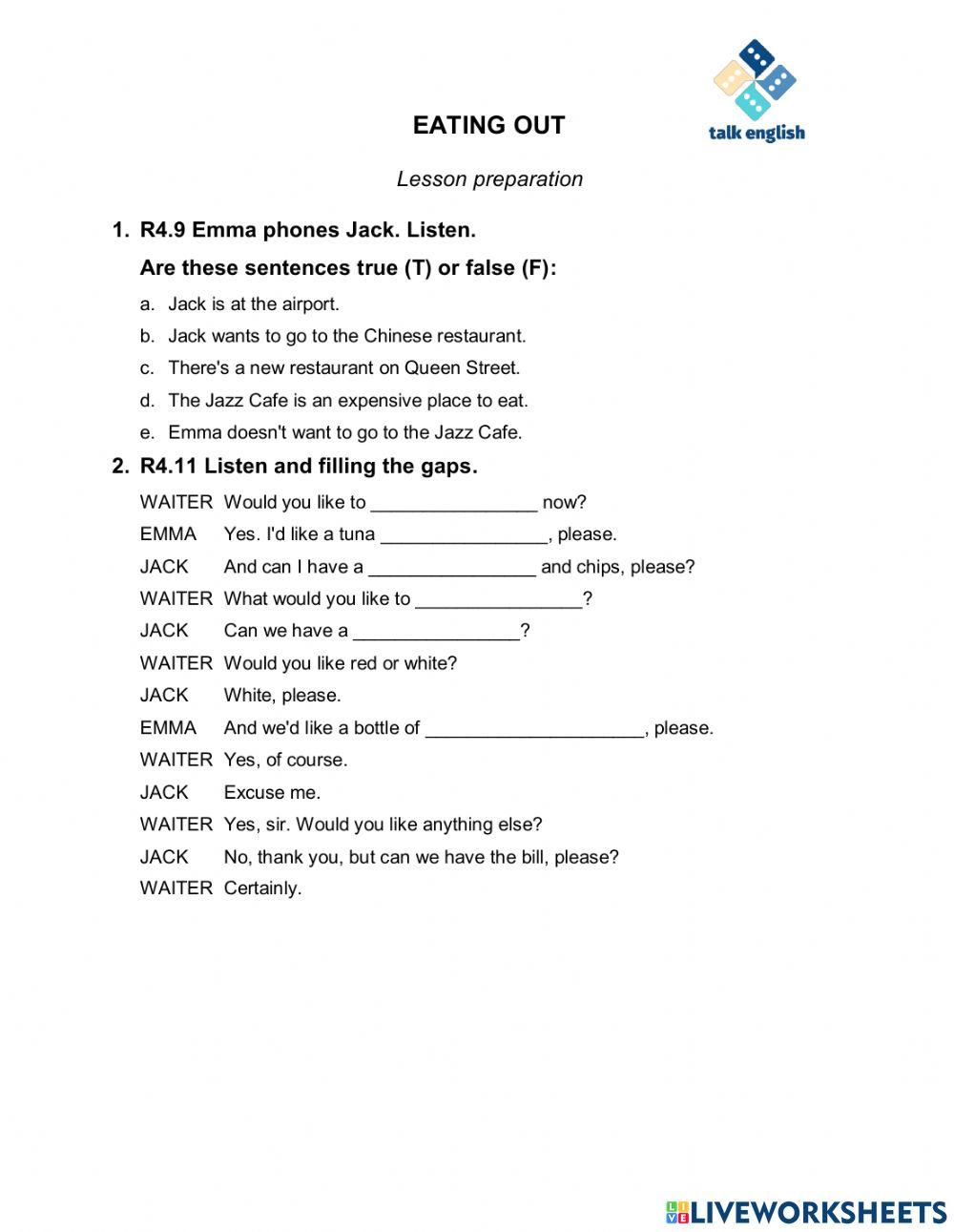 EATING OUT Lesson preparation worksheet | Live Worksheets