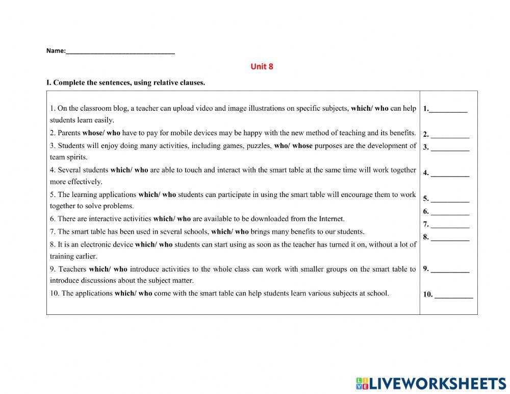 TA10-Unit 8 Relative clauses online exercise for | Live Worksheets