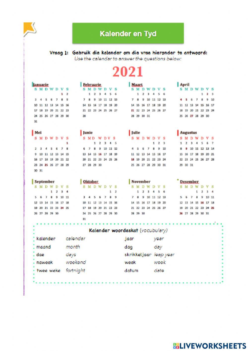 Kalender en Tyd online exercise for | Live Worksheets