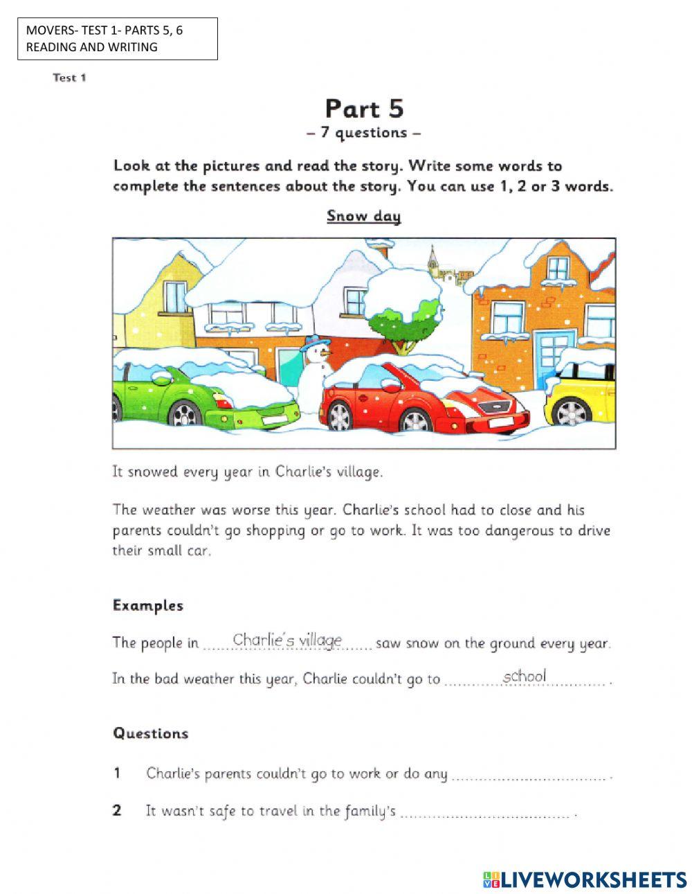 MOVERS- CAMBRIDGE BOOK 2 TEST 1 READING AND WRITING PARTS