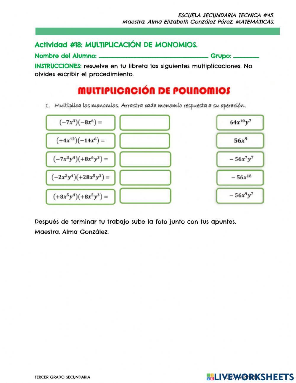 Actividad 18 multiplicacion de polinomios worksheet | Live Worksheets