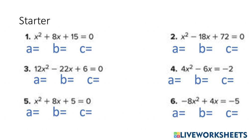 solving quadratic equations starter online exercise for | Live Worksheets