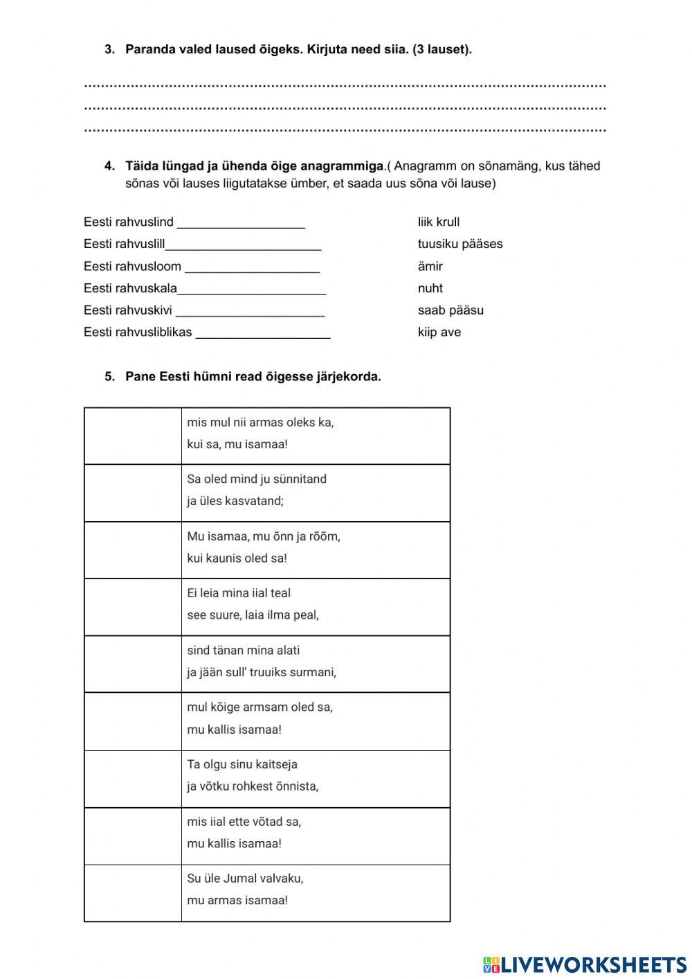 Eesti Vabariigi tööleht 2. klassile online exercise for | Live Worksheets