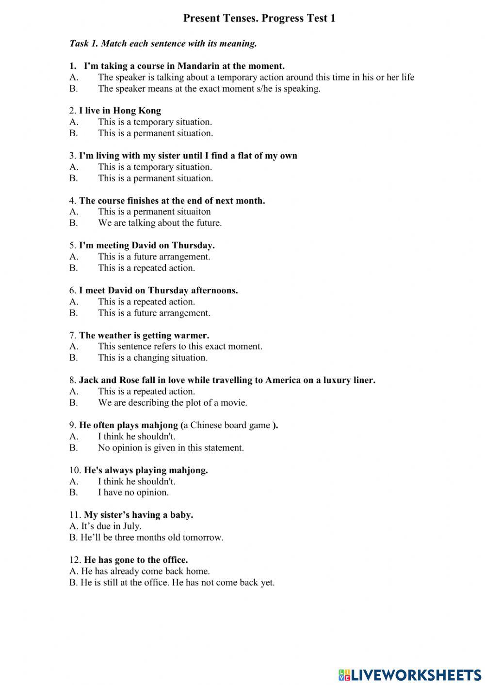 Present Tenses. Progress Test online exercise for | Live Worksheets