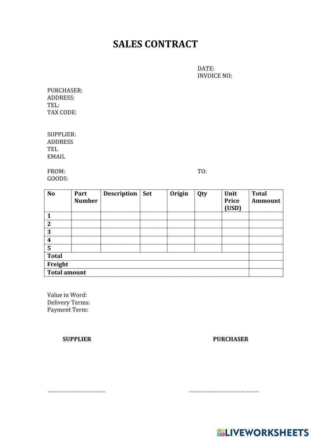 Sales Contracs worksheet | Live Worksheets