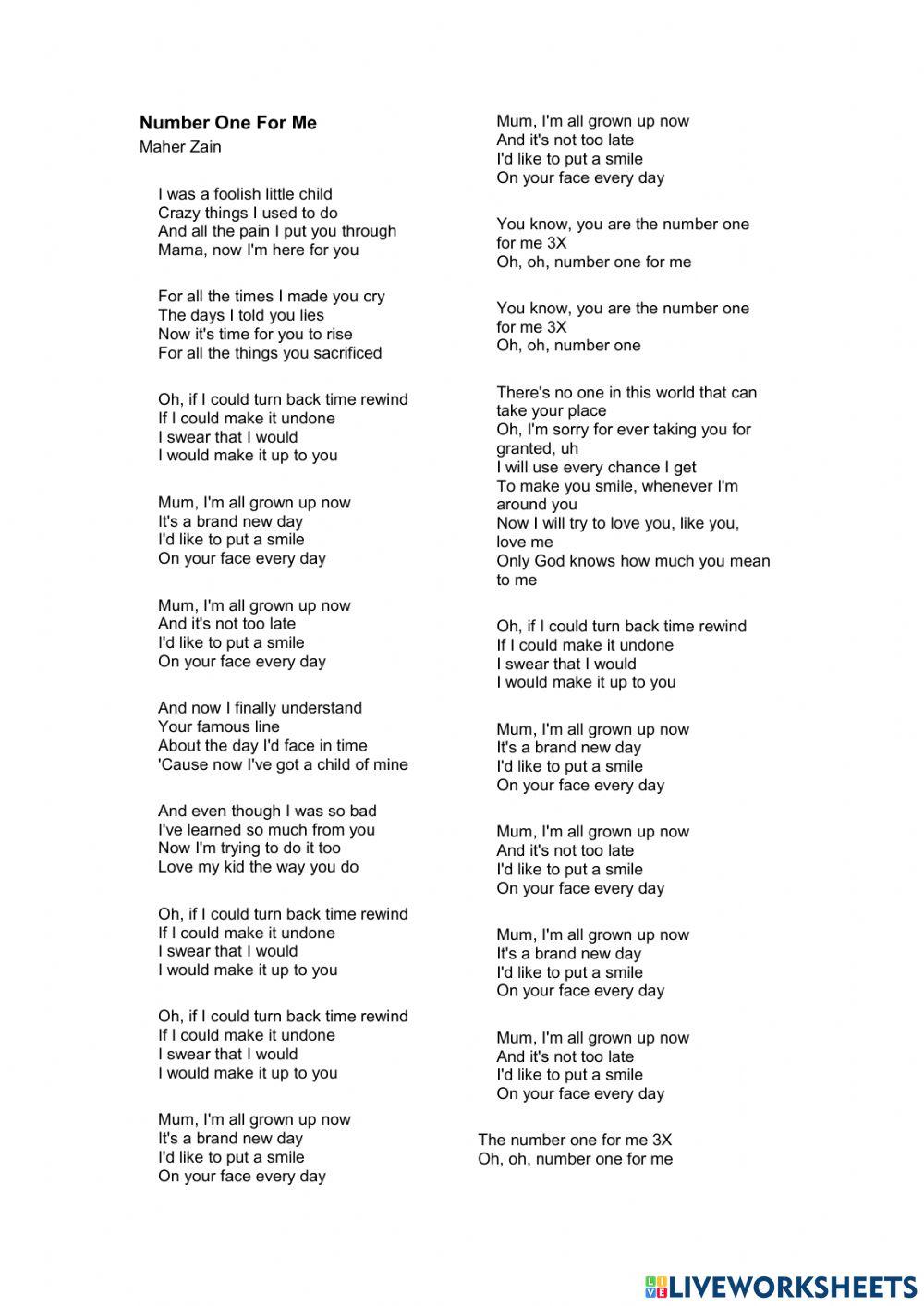 Song lyric - Number one for me (Maher Zain) worksheet | Live Worksheets