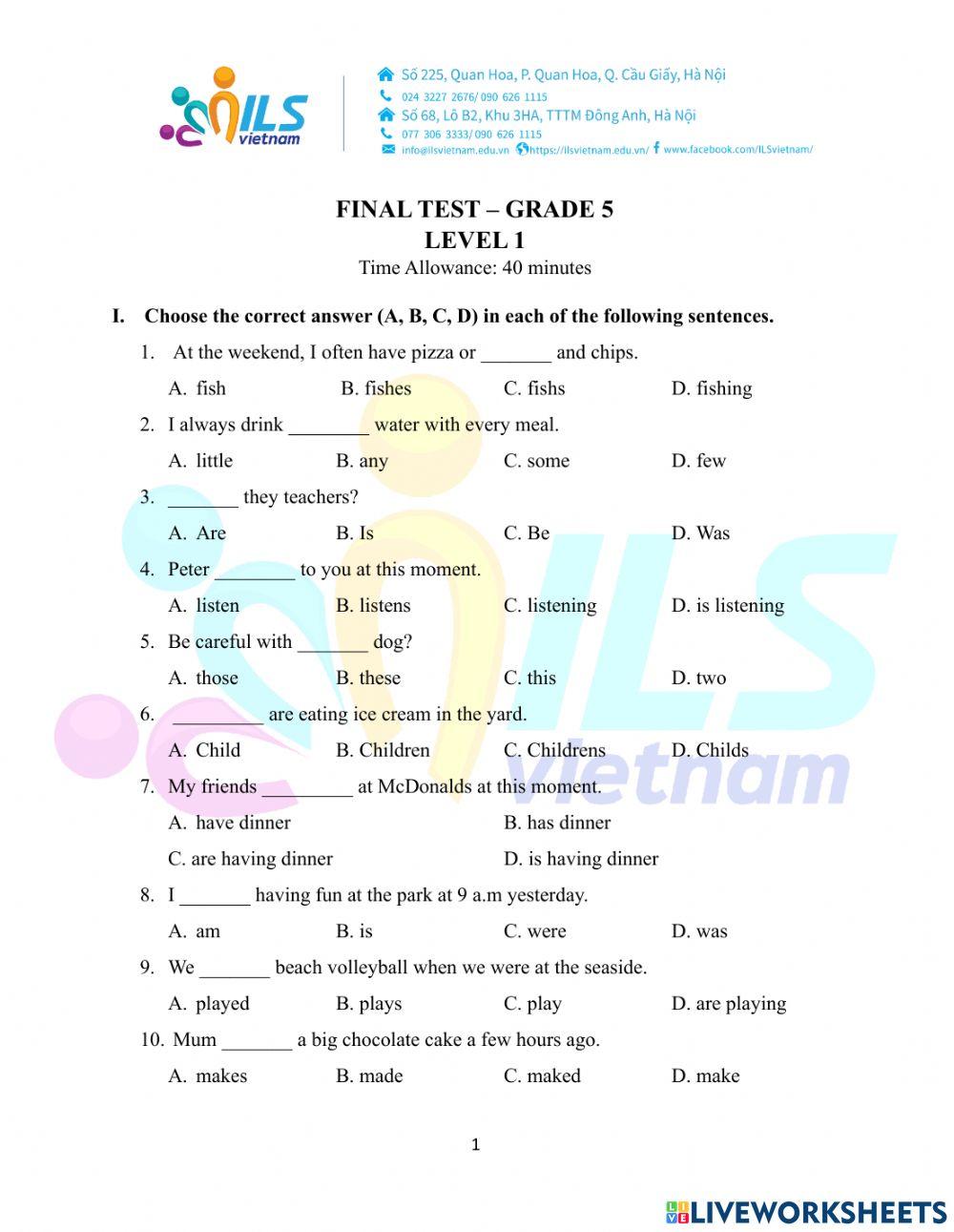 Grade 5-Final Test-Level 1 worksheet | Live Worksheets