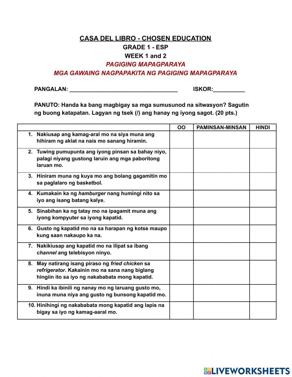 Pagiging Mapagb… | Free Interactive Worksheets | 2747937