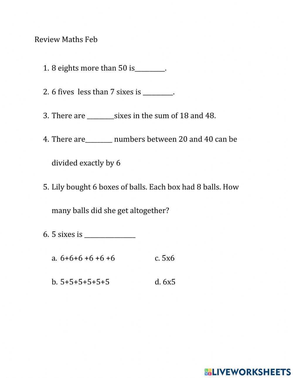 Review Maths interactive worksheet | Live Worksheets