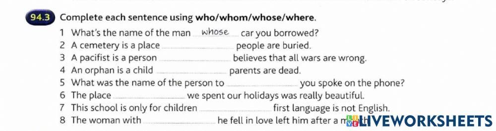 relative clause- where-whose-whom online exercise for | Live Worksheets