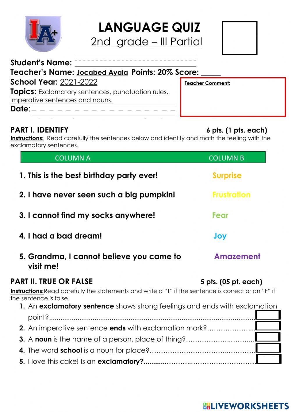 2nd grade language quiz iiip worksheet | Live Worksheets
