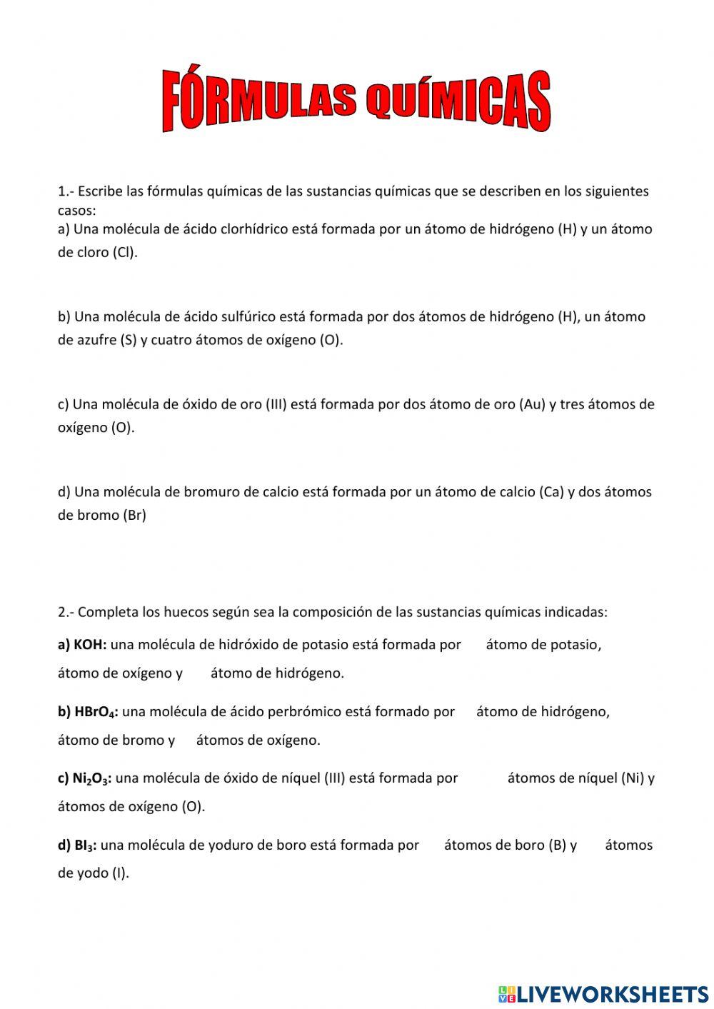 Fórmulas químicas online worksheet | Live Worksheets