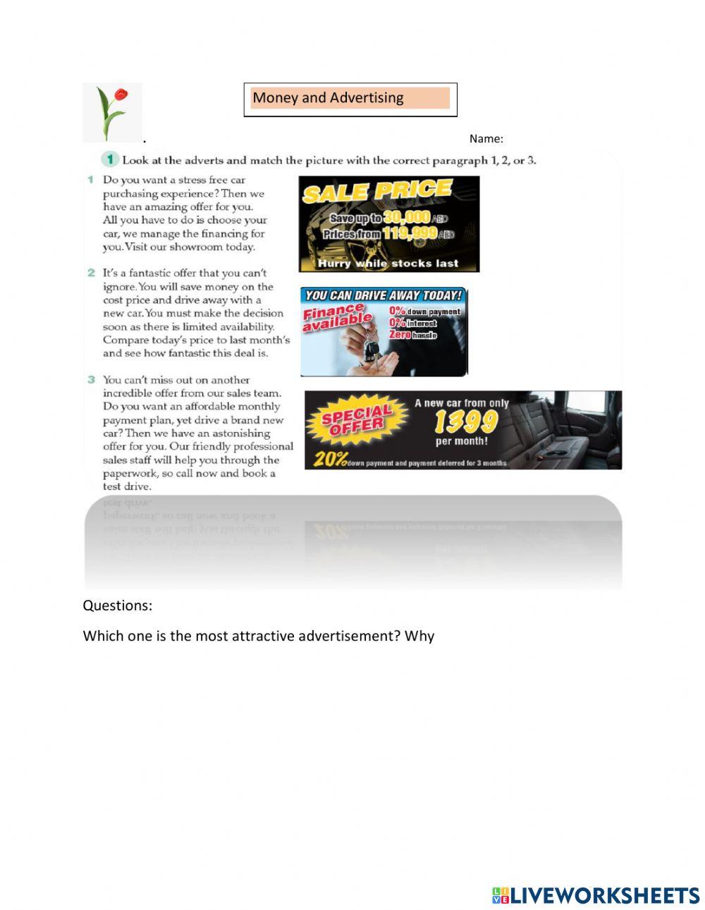 The Tulips-Money and Advertising worksheet | Live Worksheets