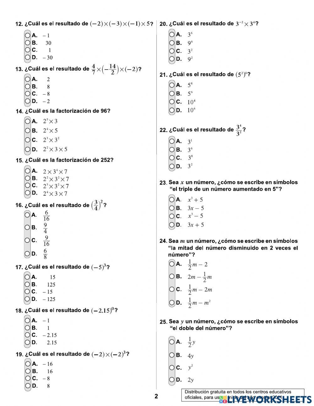 3553602 | Prueba Diagnostica - Matemáticas - Octavo Grado