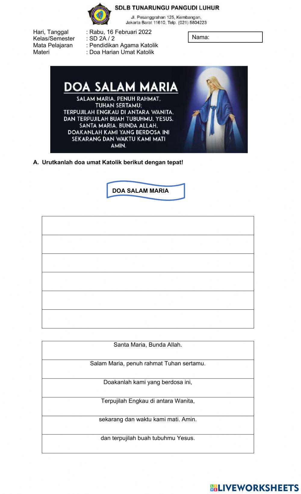 Doa salam maria activity | Live Worksheets