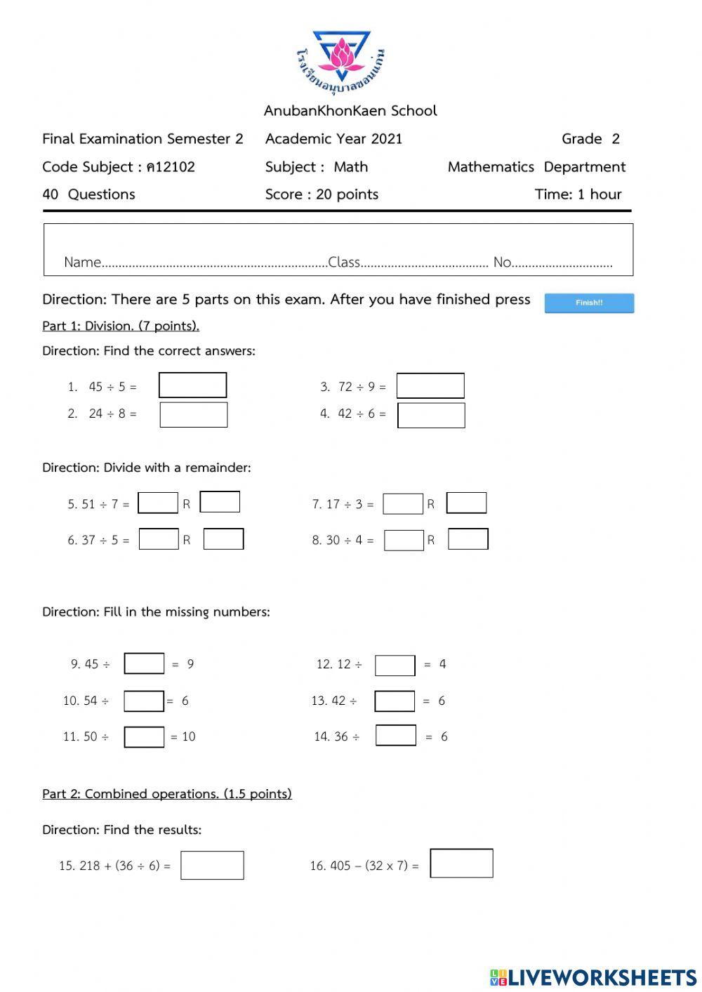 Math semester2 online exercise for | Live Worksheets
